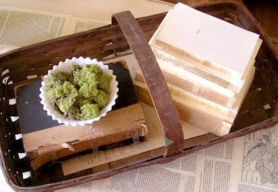 Vintage books in a basket and moss - Jennifer Rizzo